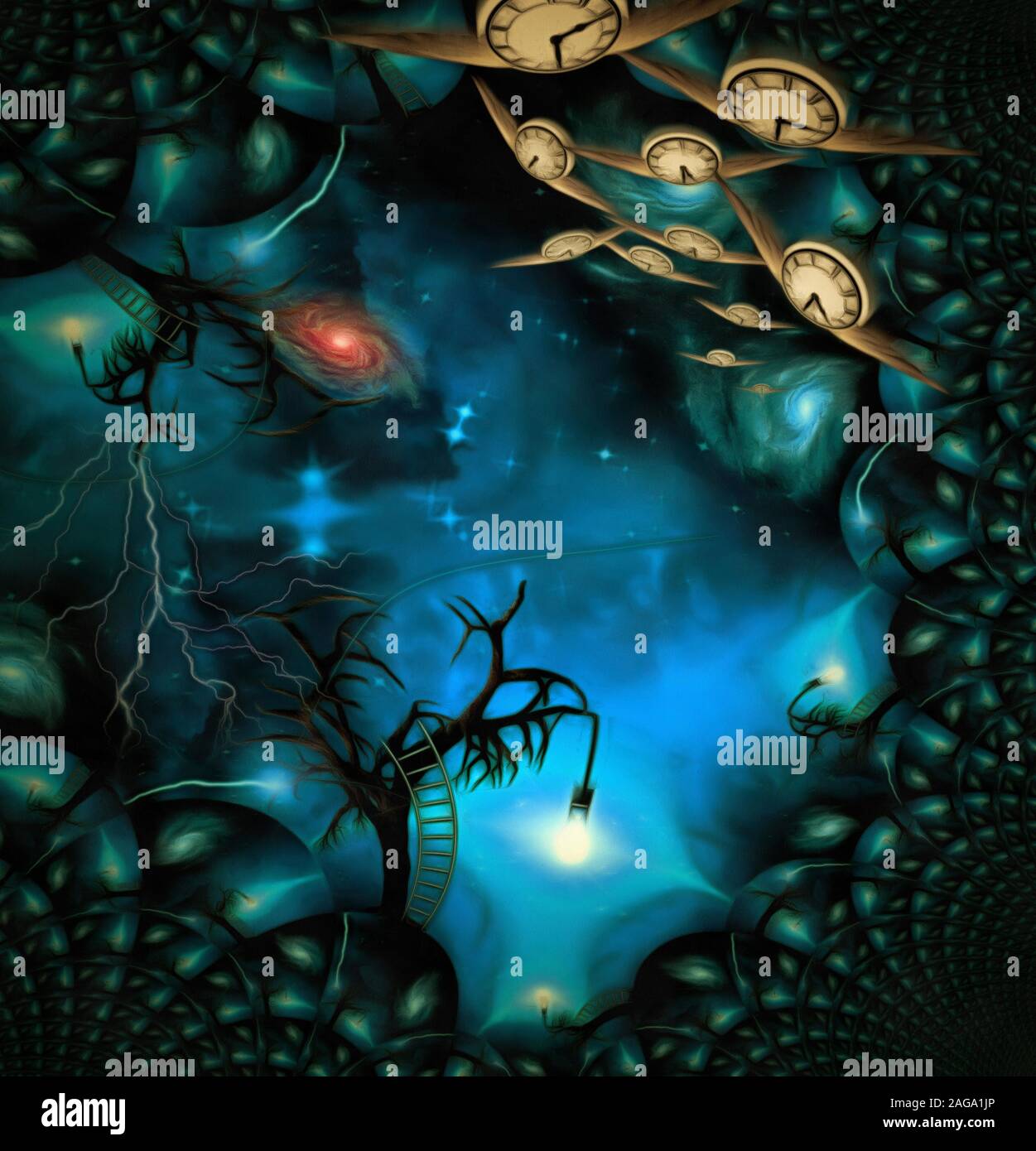 Surreal painting. Old tree with one light bulb on a branch. Universe ...