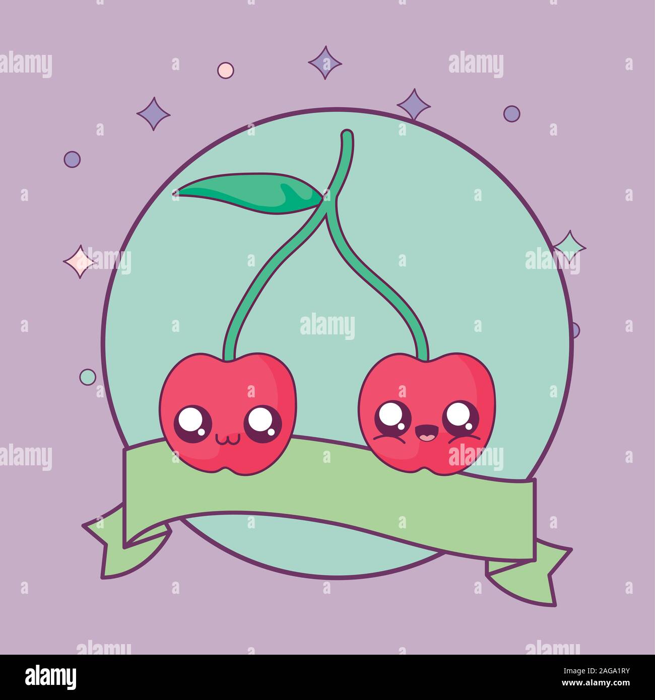 cherry cartoon with ribbon design, Kawaii expression cute character ...