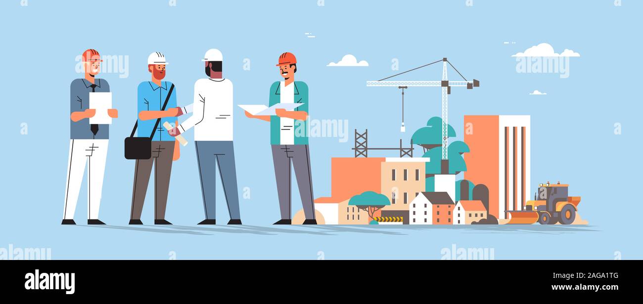 builders team shaking hands during meeting mix race engineers workers ...