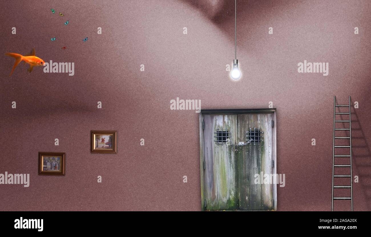 Wooden door in surreal room. 3D rendering Stock Photo - Alamy