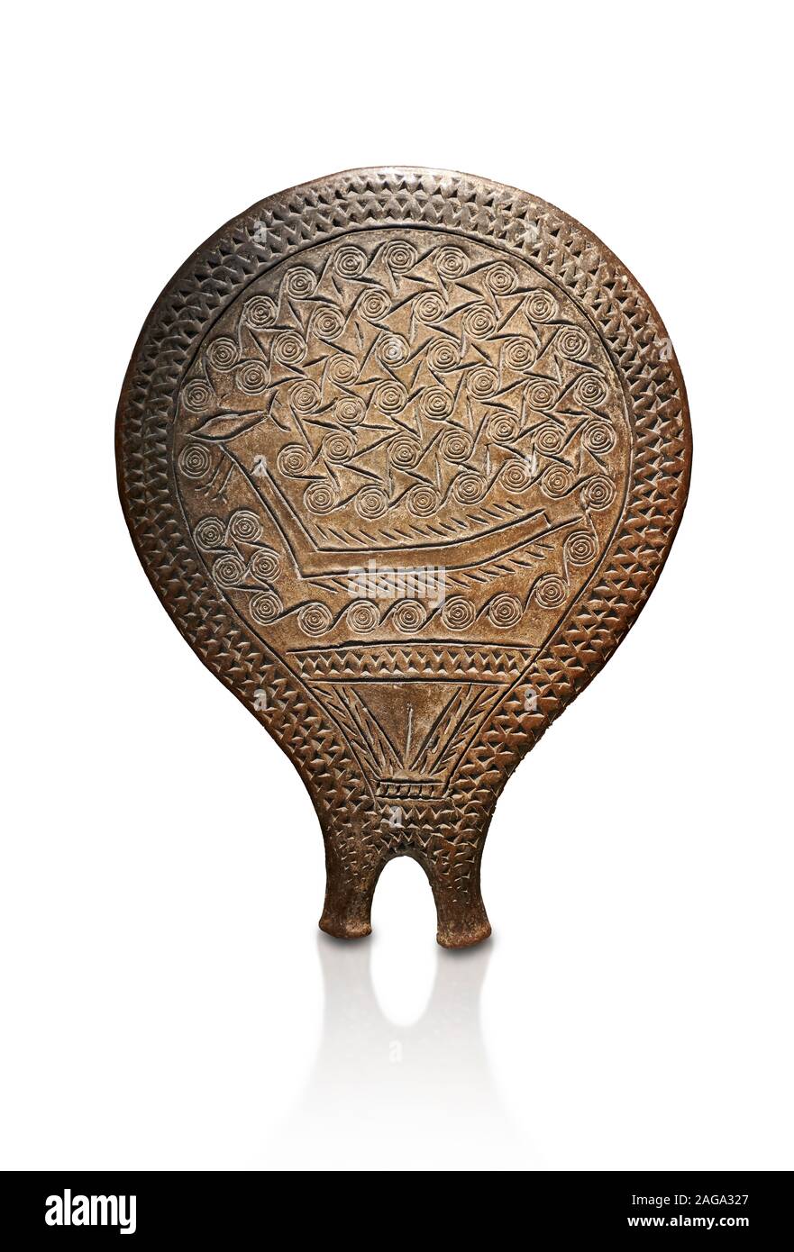 Cycladic terracotta 'frying pan' with incied boat and spiral decoration ...