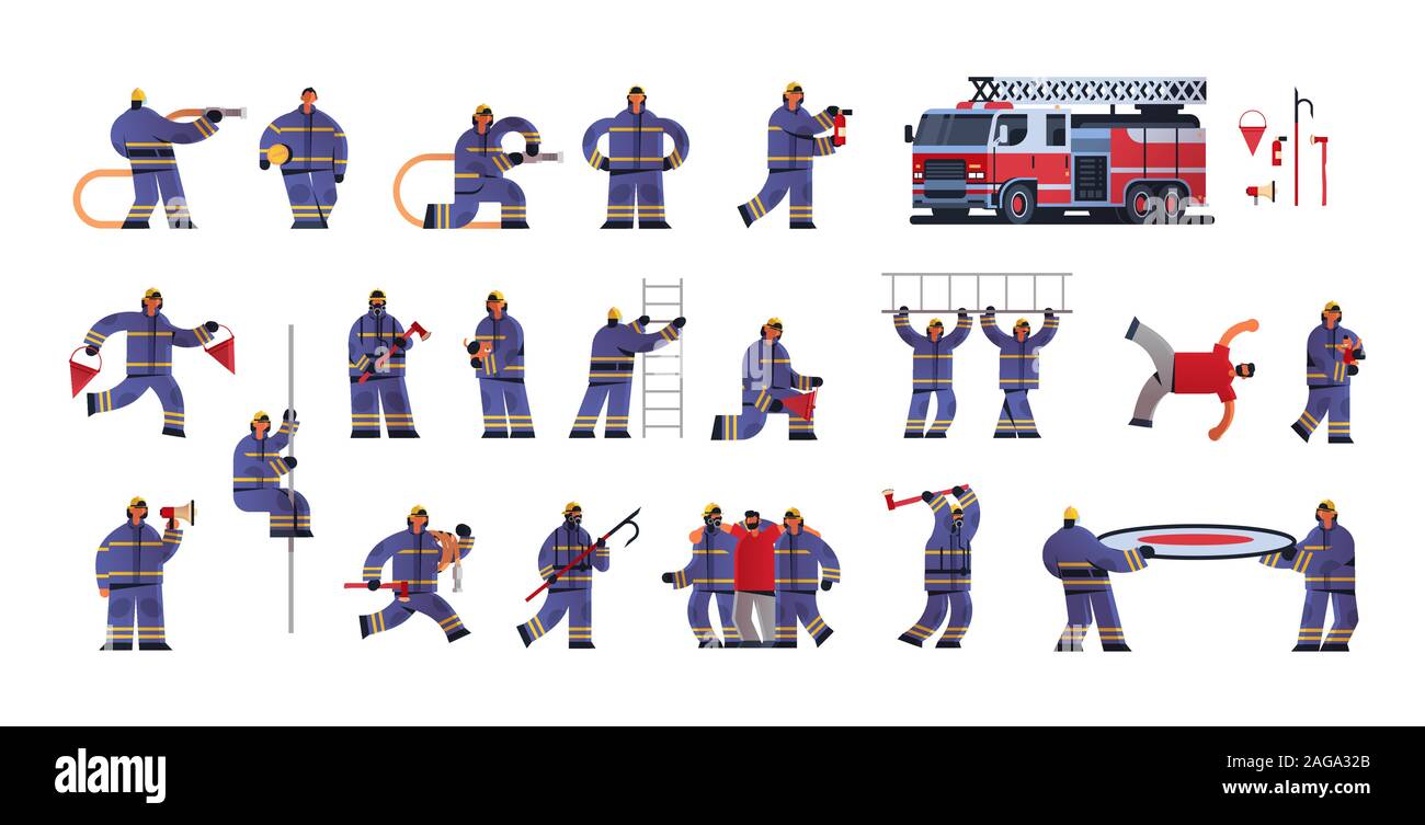 set brave firemen in different poses firefighters wearing uniform and ...
