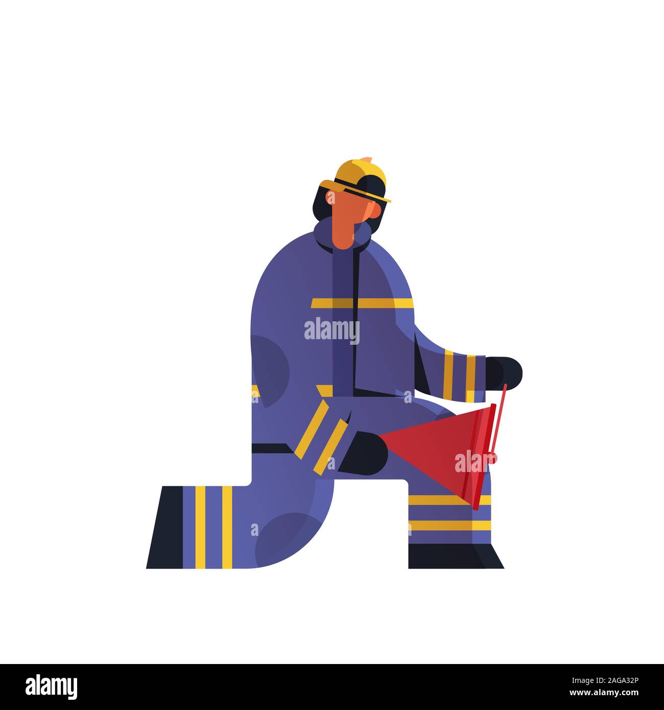 brave fireman using red buckets extinguishing fire firefighter wearing uniform and helmet ...