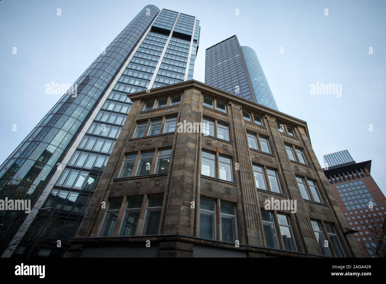 Low angle shot of high rise buildings under the clear sky in Frankfurt ...