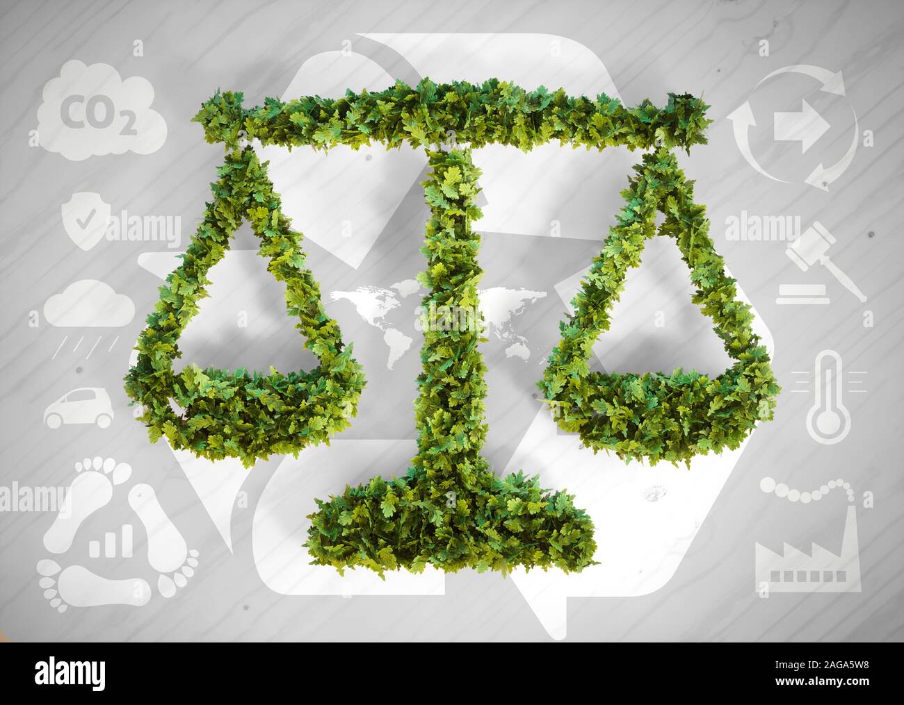 Ecology balance - 3d illustration with ecology icons on grey wooden ...