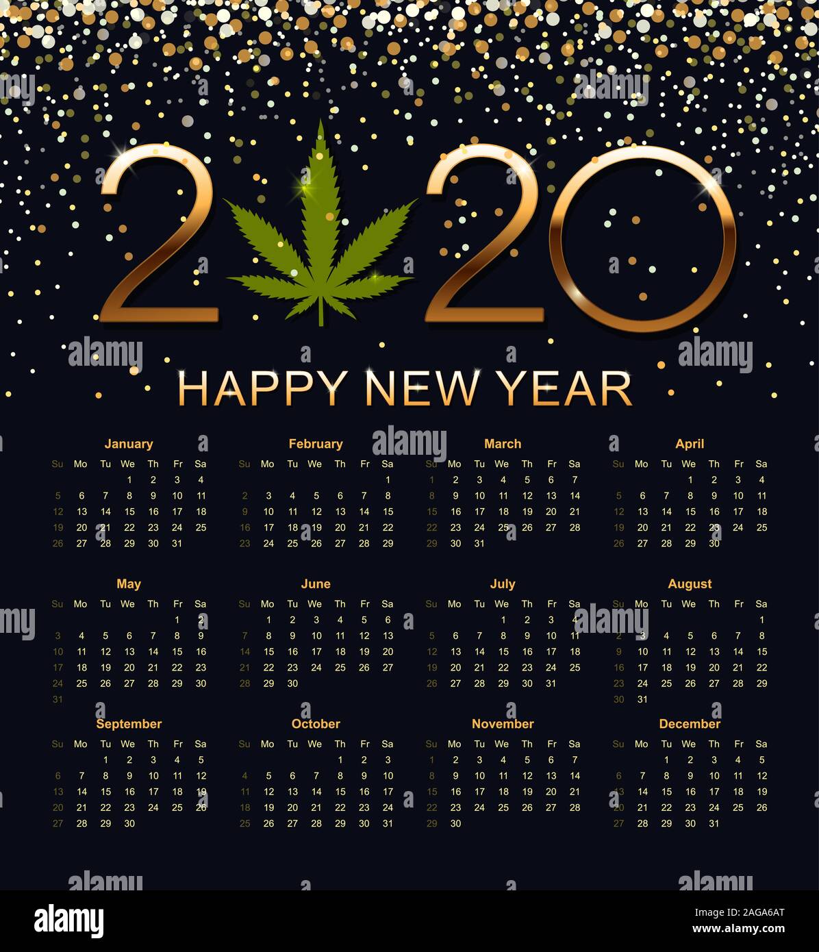 Gold Calendar and marijuana or cannabis leaf. Week starts from Sunday ...