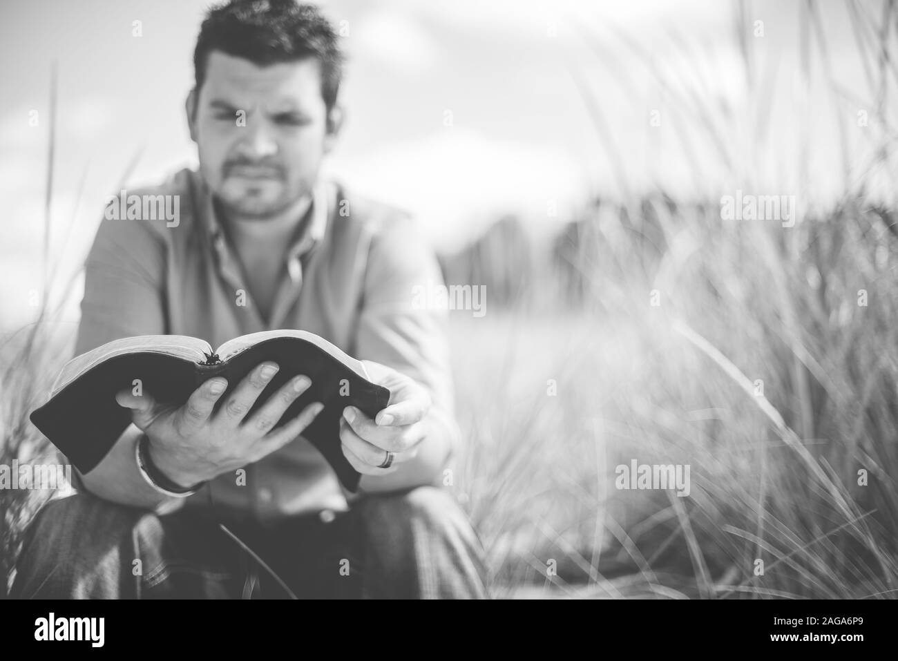 Grayscale shot of a male sitting and reading the bible Stock Photo - Alamy