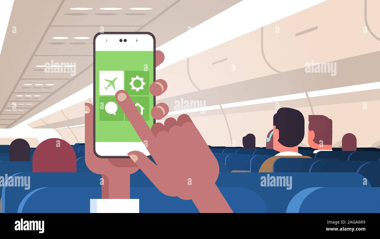 human hand holding smartphone with flight mode rules of airplane safety ...