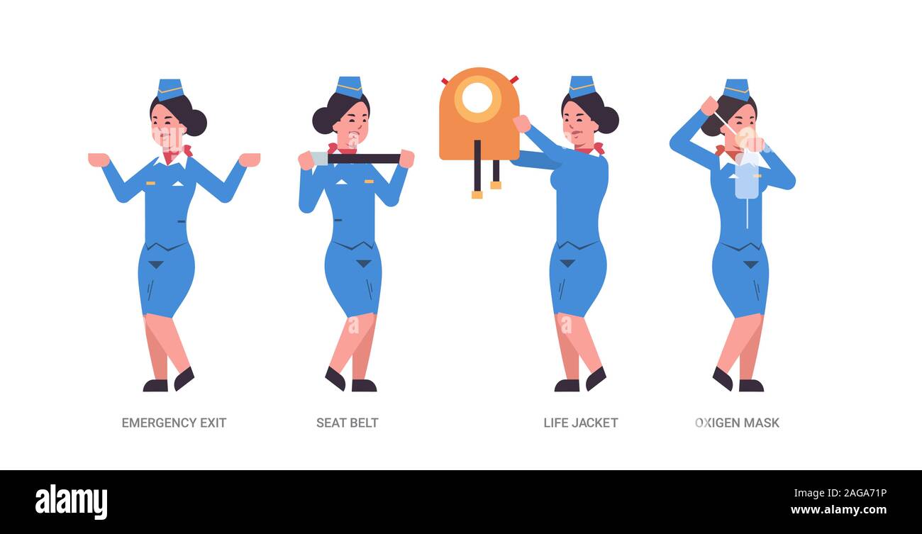 set guidance from stewardess explaining instructions with life vest ...