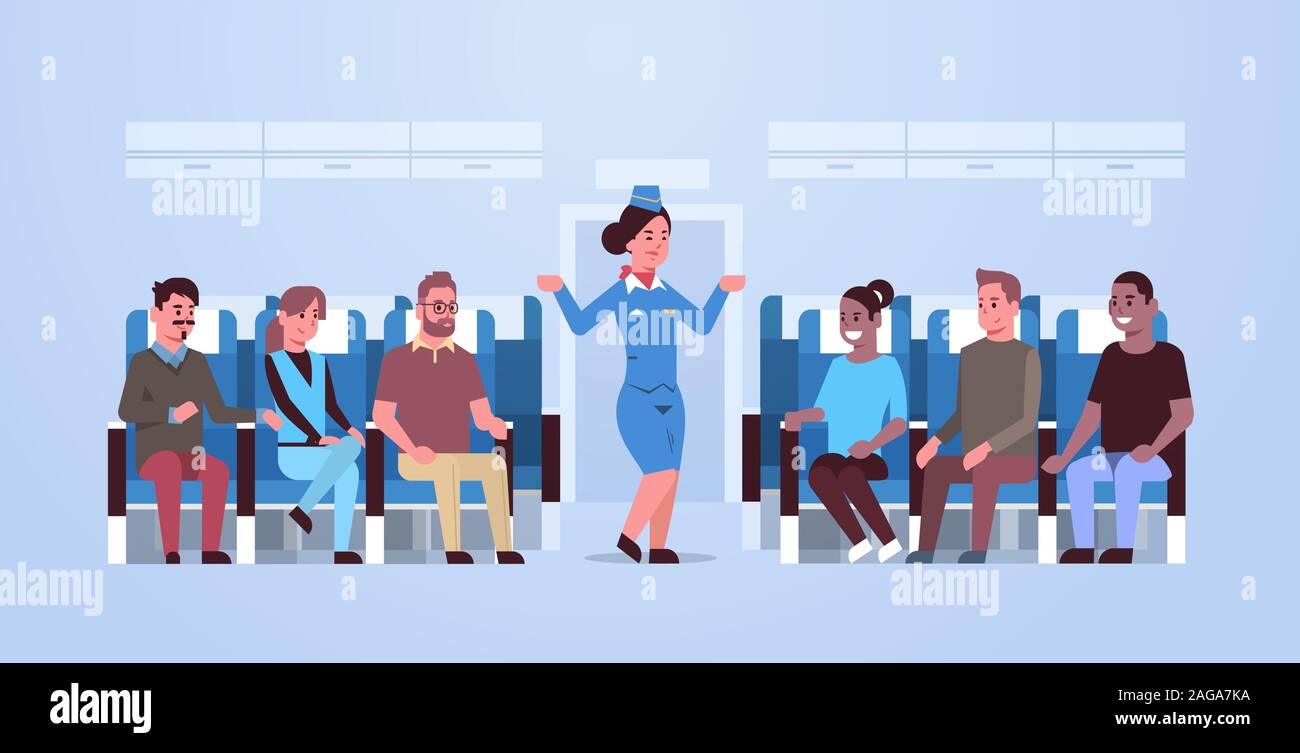 stewardess explaining instructions for mix race passengers flight ...