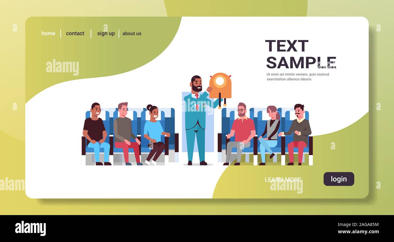 steward explaining for mix race passengers how to use life vest jacket ...