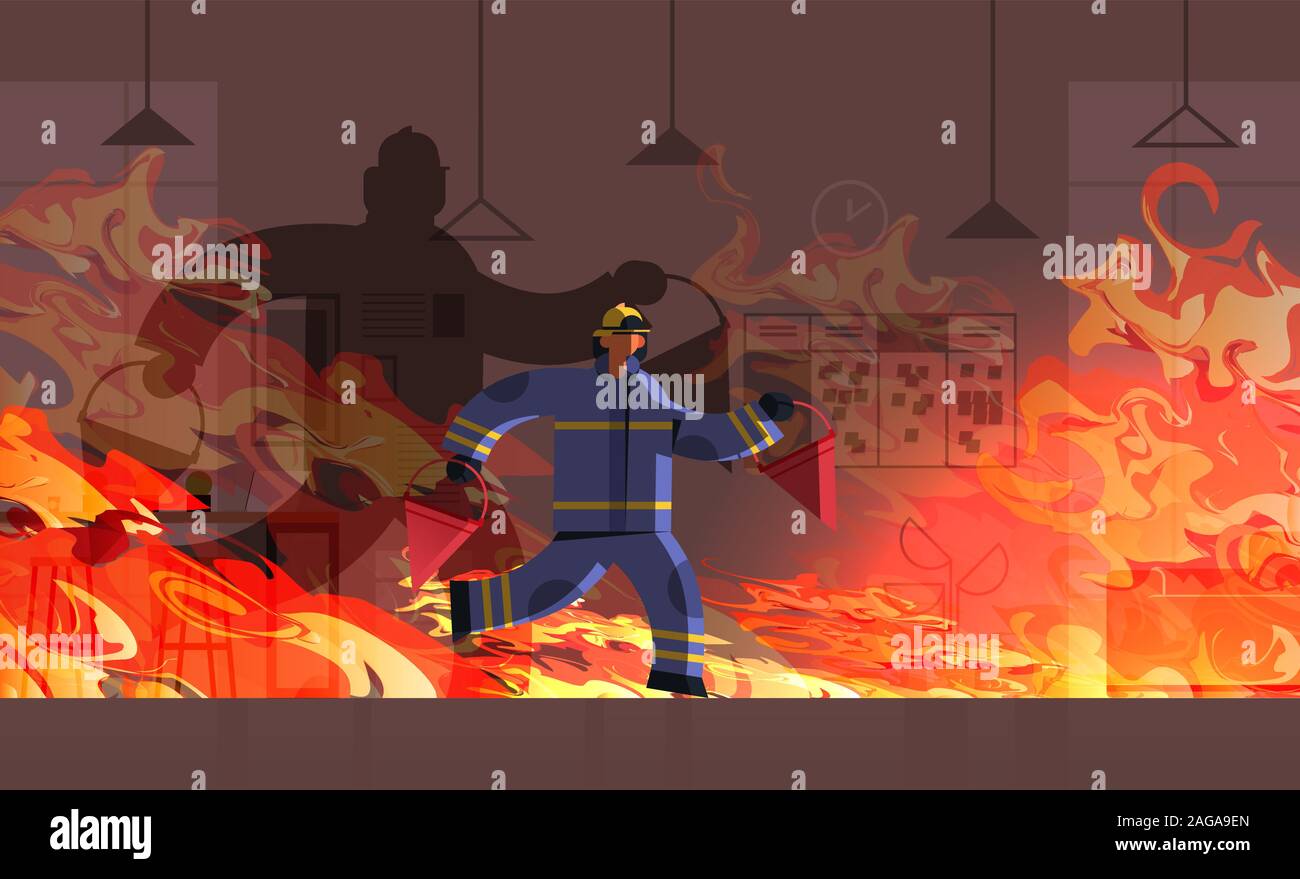 fireman carrying red buckets firefighter in uniform firefighting ...