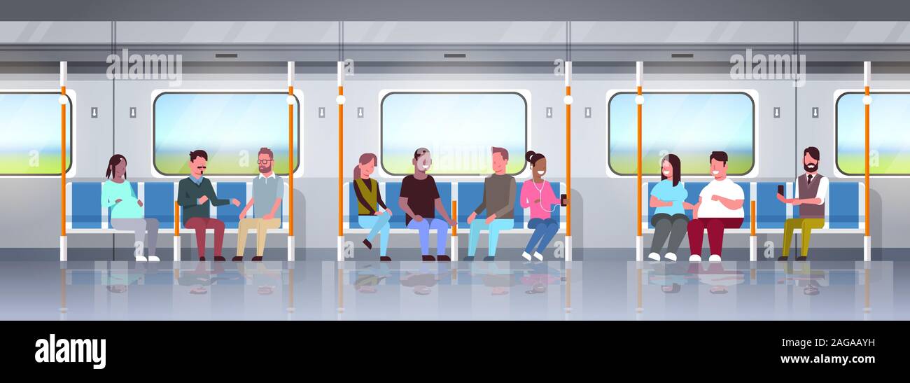 people inside subway metro train mix race passengers sitting in public ...