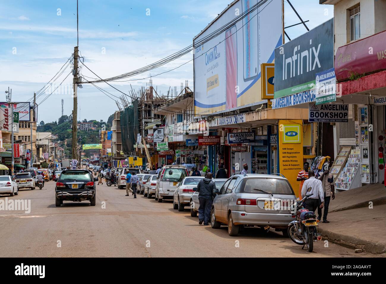 Urban shopping district street scene in Masaka, Buganda Region in ...