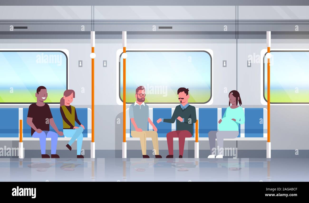 people inside subway metro train discussing during trip mix race ...