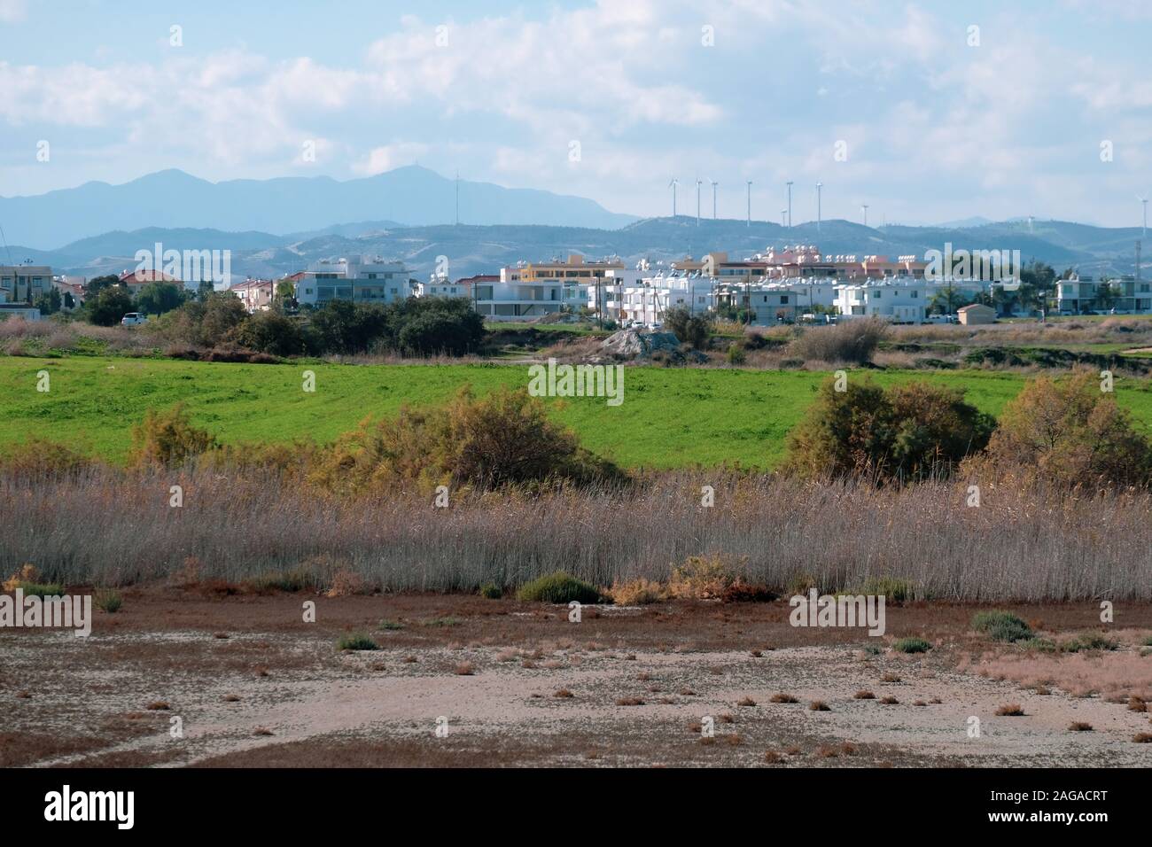 Oroklini lake area in the dry season. View towards the mountains Stock ...