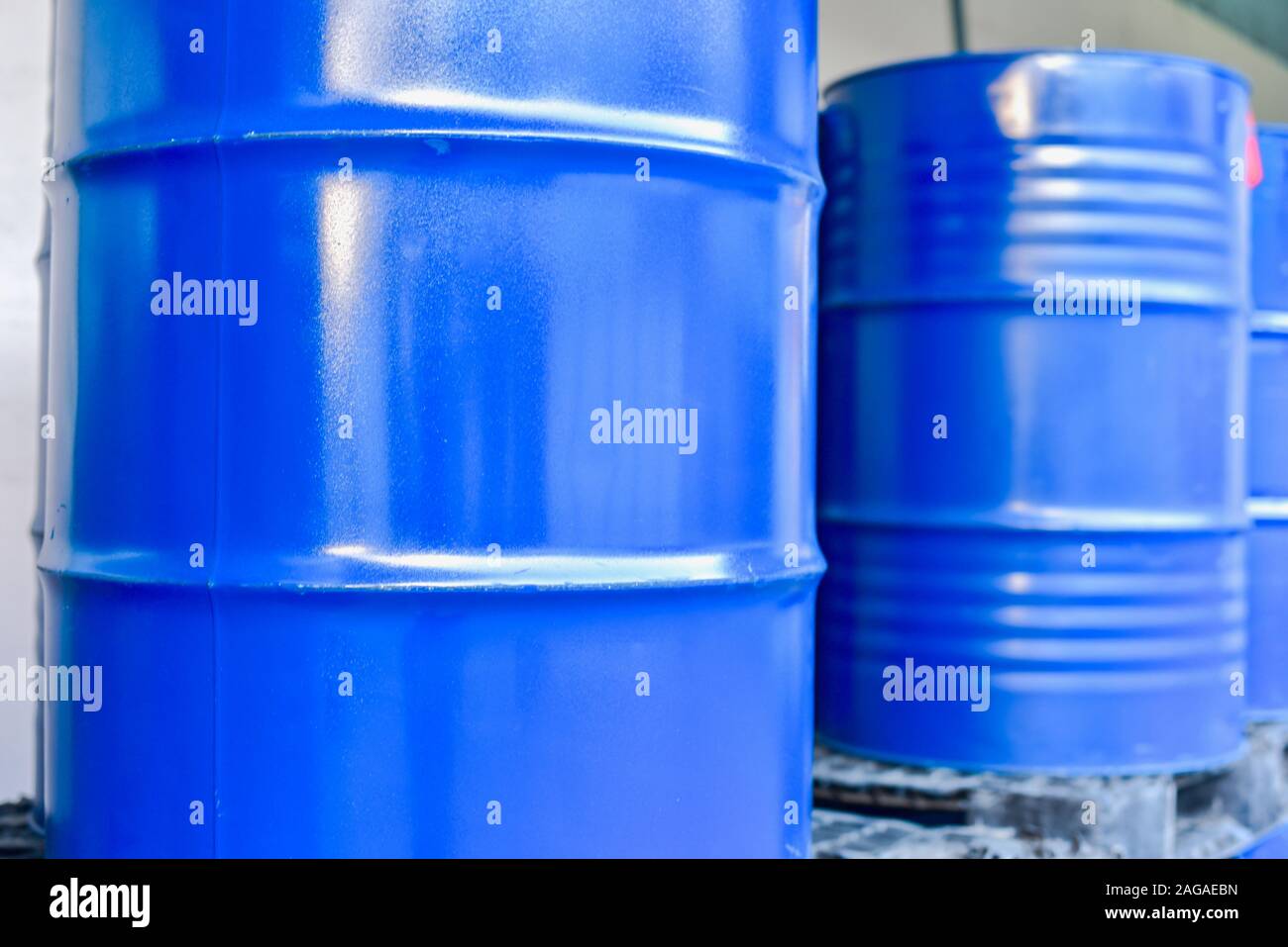Blue Oil Barrels or Steel Chemical Drums Stock Photo - Alamy