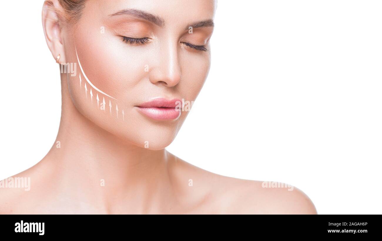 Woman portrait close up. Beautiful woman with lifting arrow on face ...