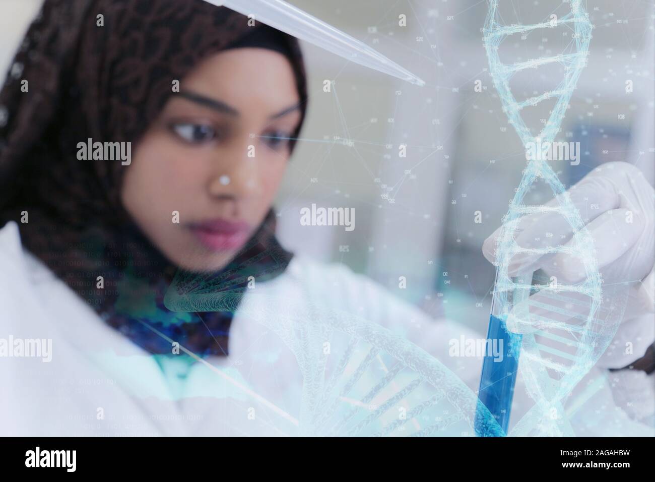 Young african muslim female scientist working at lab with test tubes ...