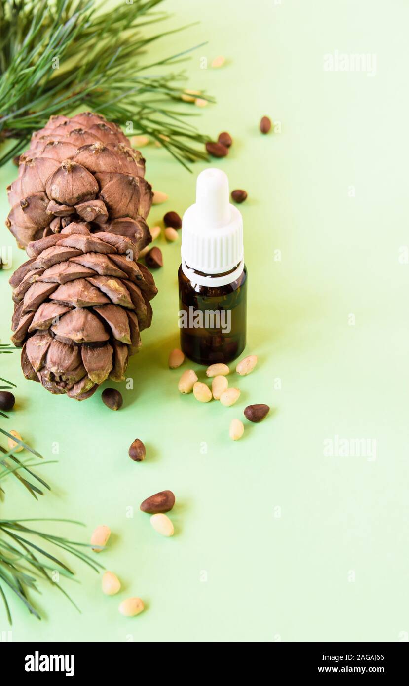 concept of natural cosmetics, pine cones with nuts and a bottle of oil ...