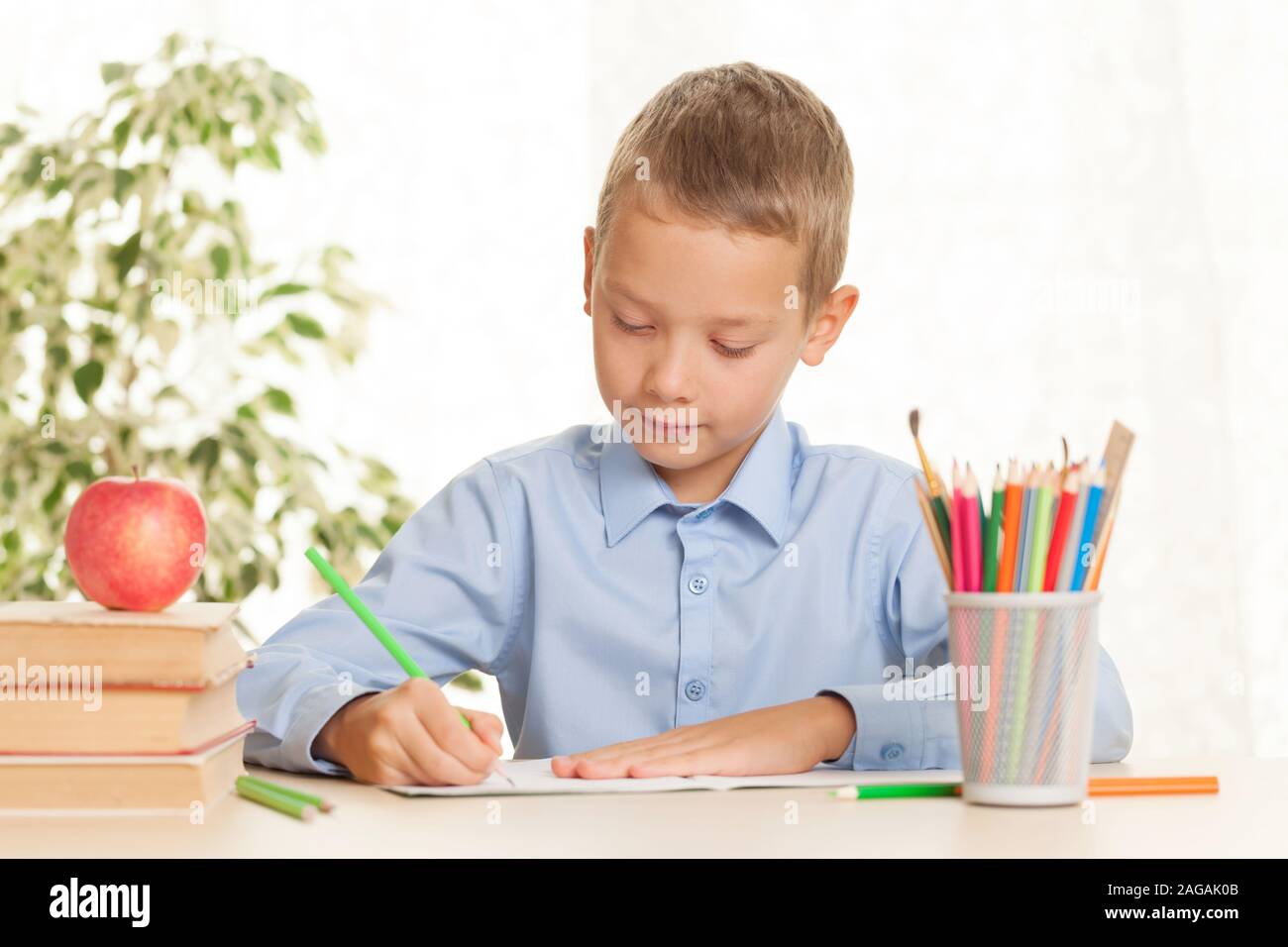 Young schoolboy sitting at the table and doing homework. Elementary ...
