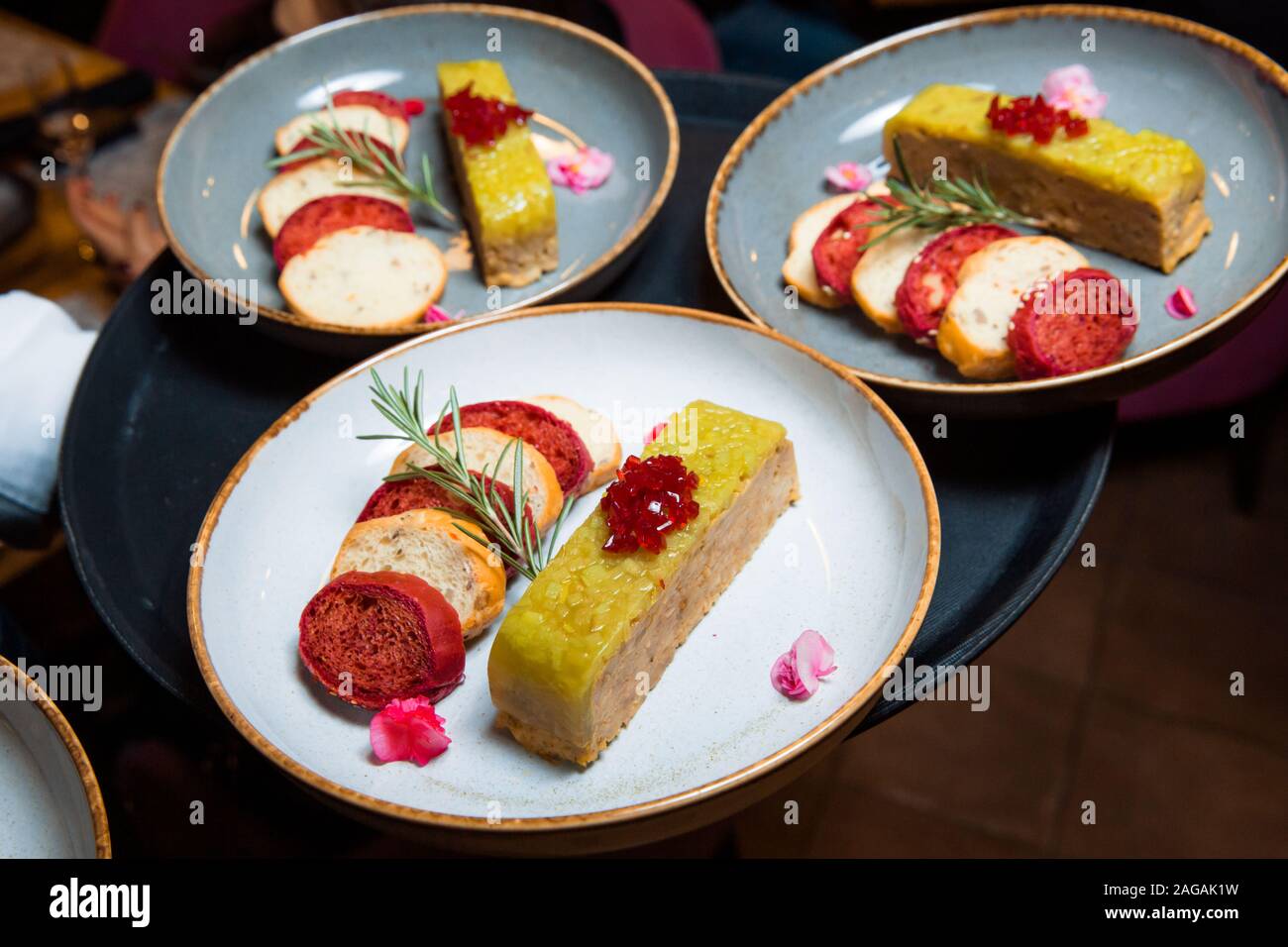 Duck terrine with autumn fruit and red wine jelly Stock Photo - Alamy