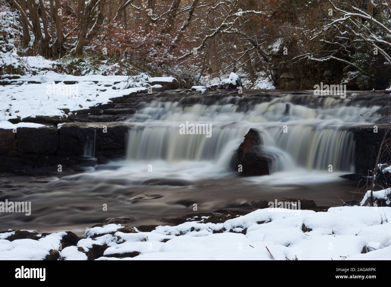 Hebden Water (river) flows through an snowbound wood on its way ...