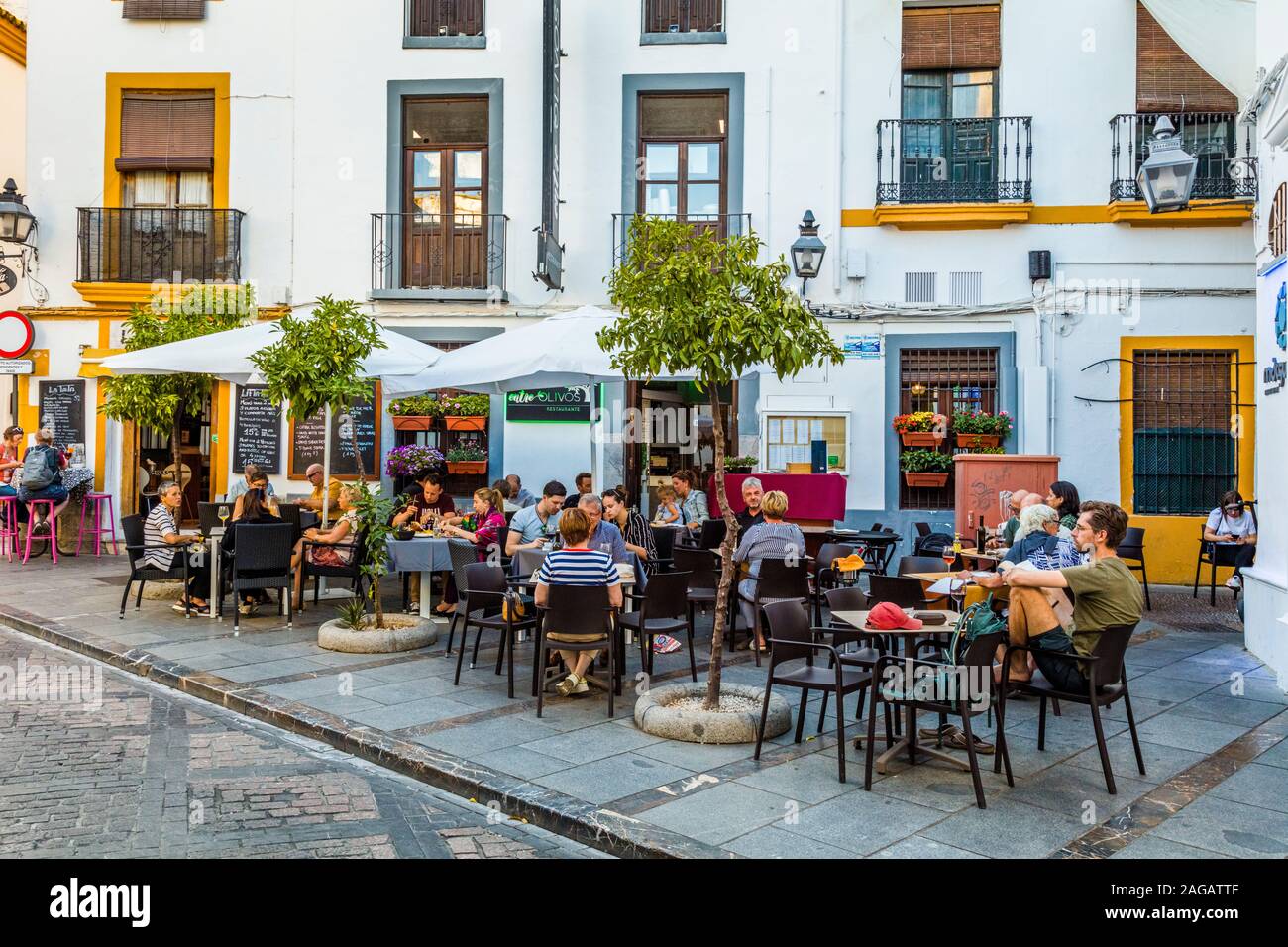 Sidewalk cafe in old section of Cordoba in the Andalusia region of ...