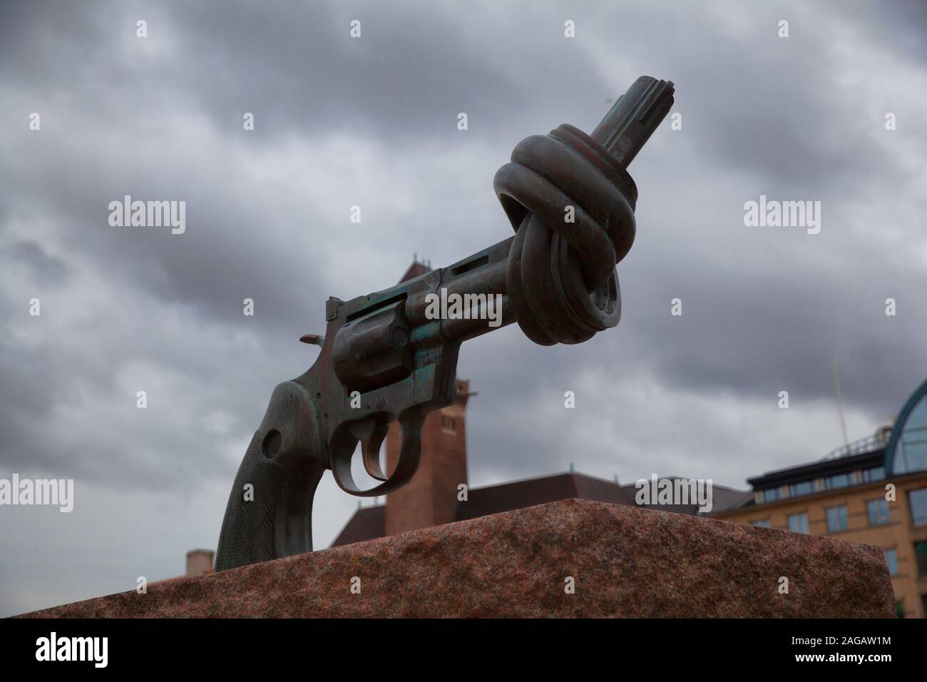 Malmo, Sweden: September 13, 2019: Statue of a gun with a knot as a non ...