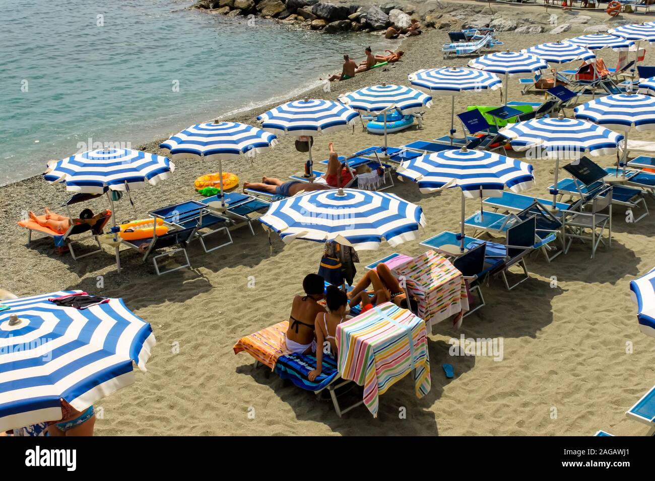 VARAZZE, ITALY- AUGUST 5, 2019: Beautiful beach of coast of Liguria and ...