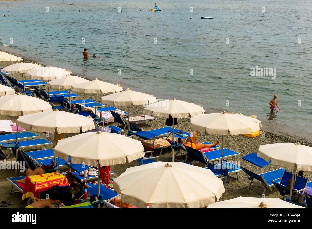 VARAZZE, ITALY- AUGUST 5, 2019: Beautiful beach of coast of Liguria and ...