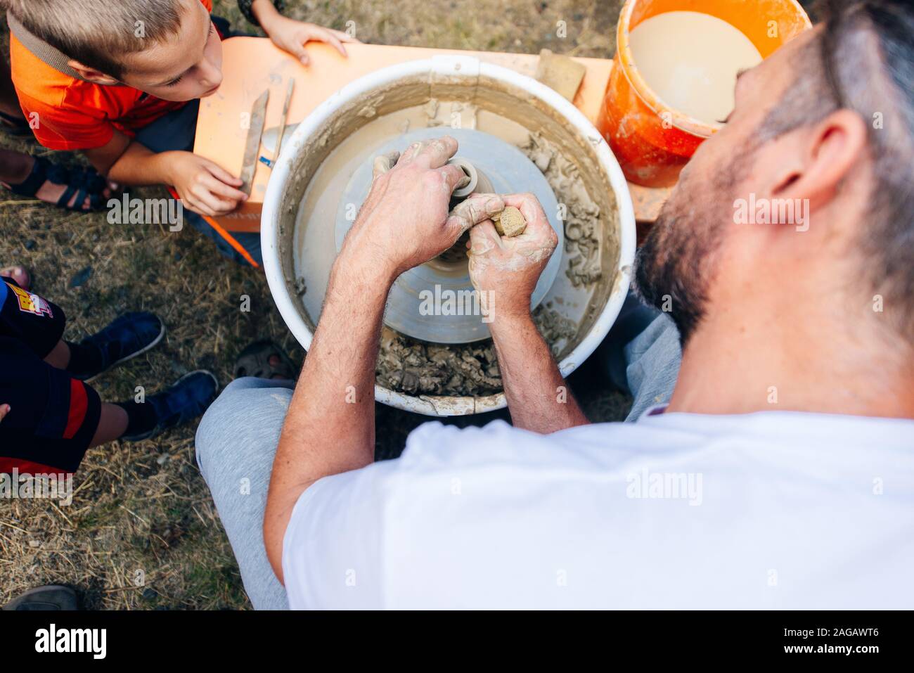 russia - june, 2019 Pottery workshop for kids. Children learning how to ...