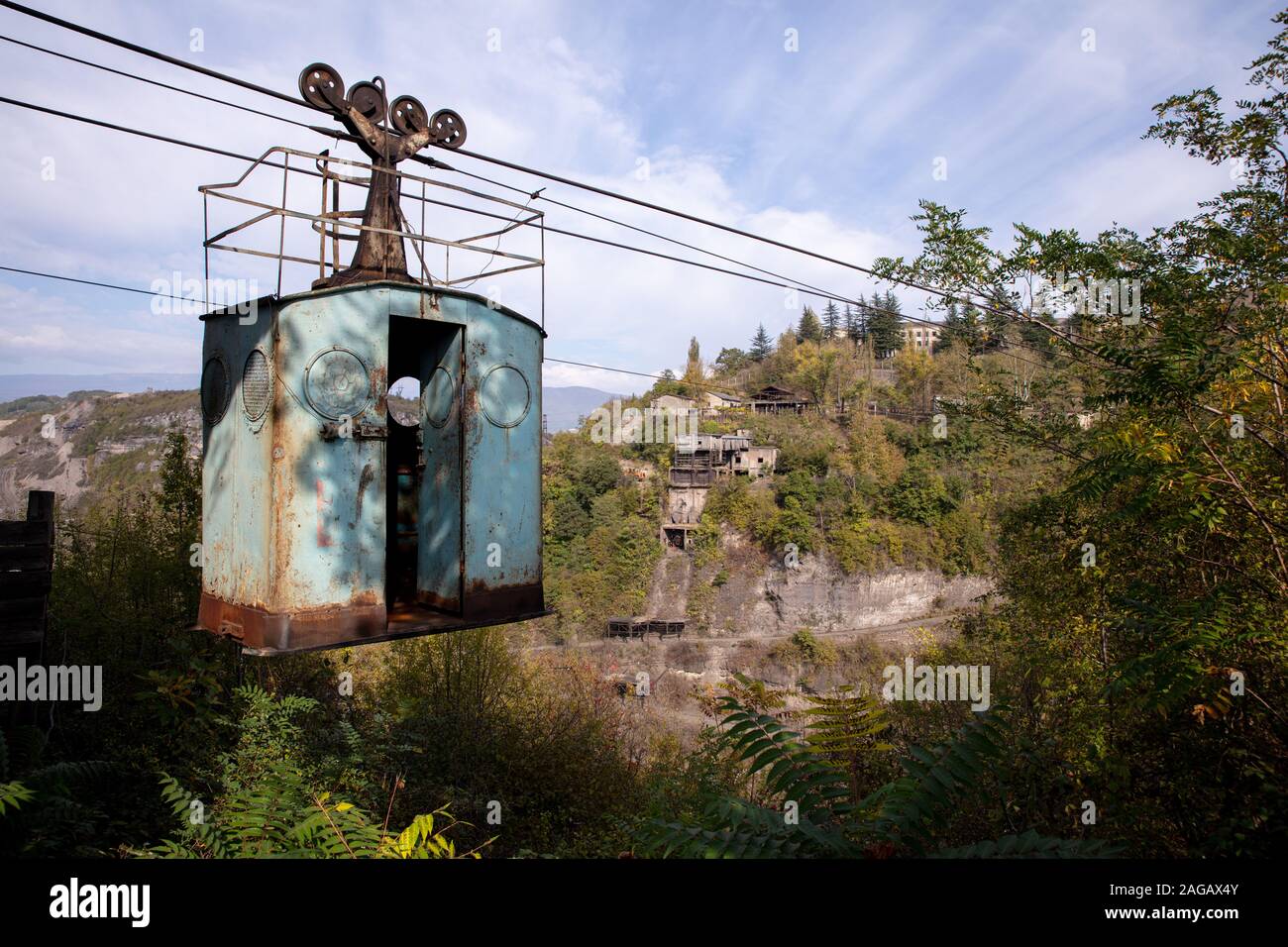 Low angle shot of an old abandoned ropeway in the middle of a ...