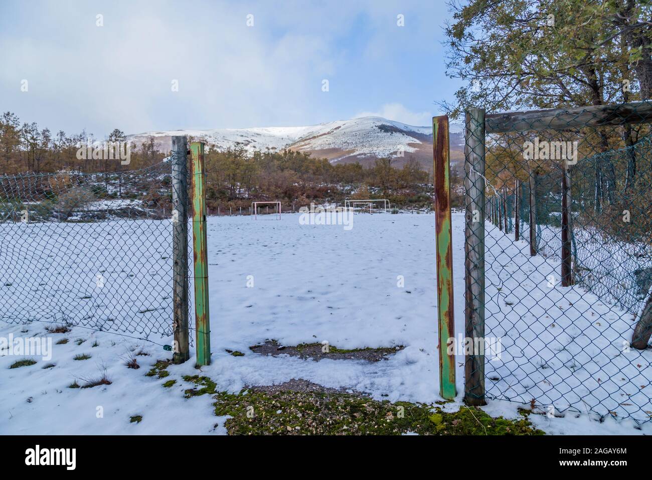 football field covered in snow, Sanabria, Castilla y Leon, Spain Stock ...