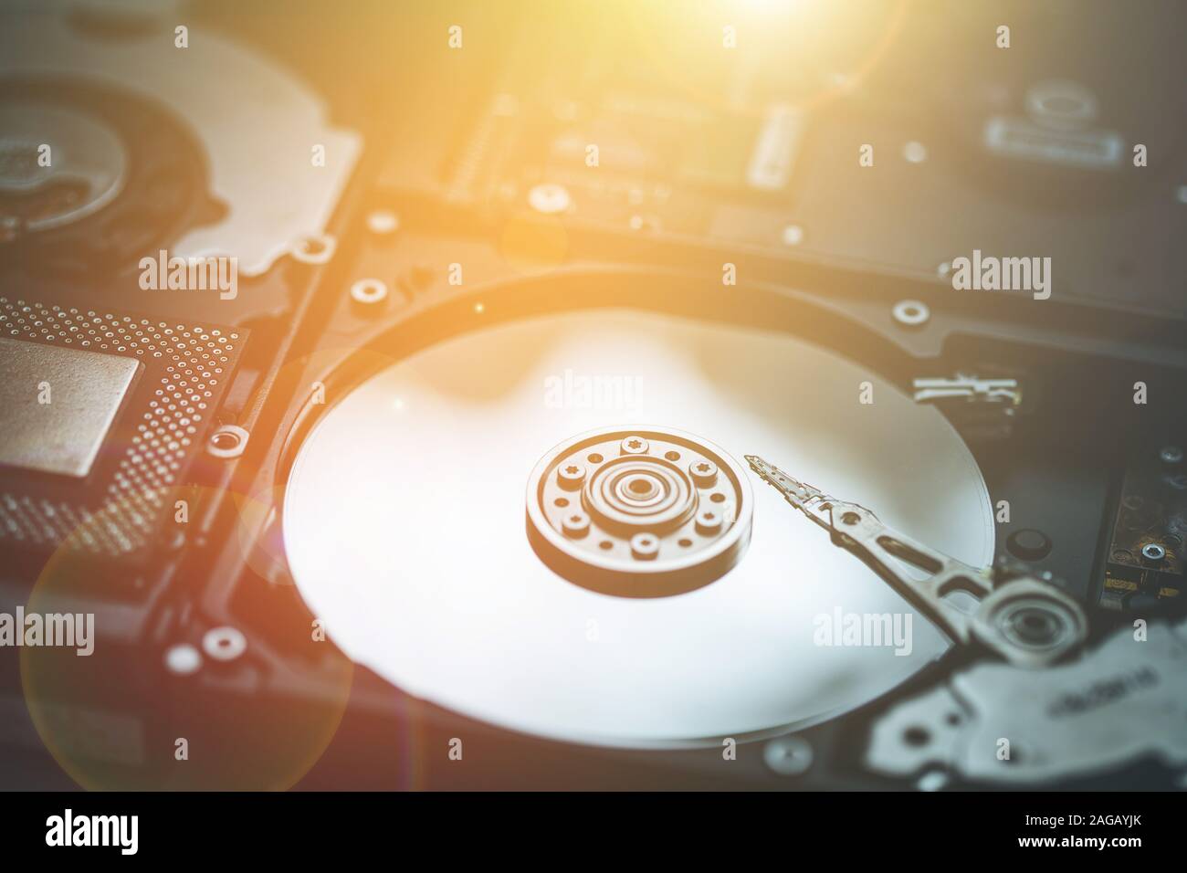 Close up picture of computer hard drive, used in cloud computing ...