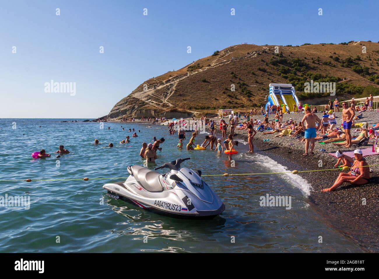Anapa, Russia - August 11, 2019: beach Sukko with vacationers warm ...