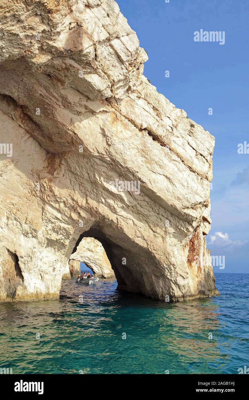 Rocky coast of Kap Skinari, location of the blue caves, Zakynthos ...