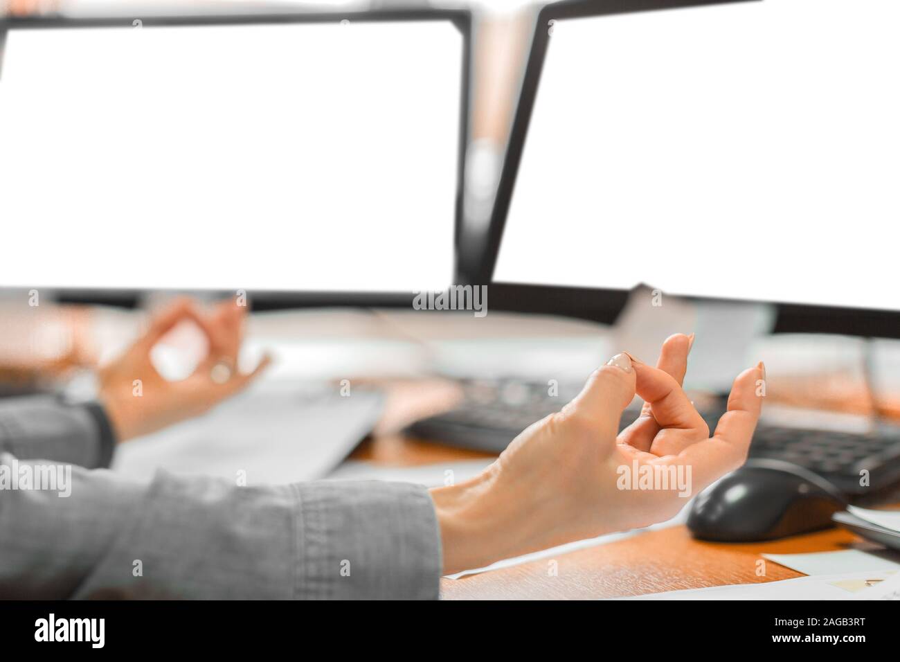 Businesswoman meditating in office, closeup with space for text. Zen ...