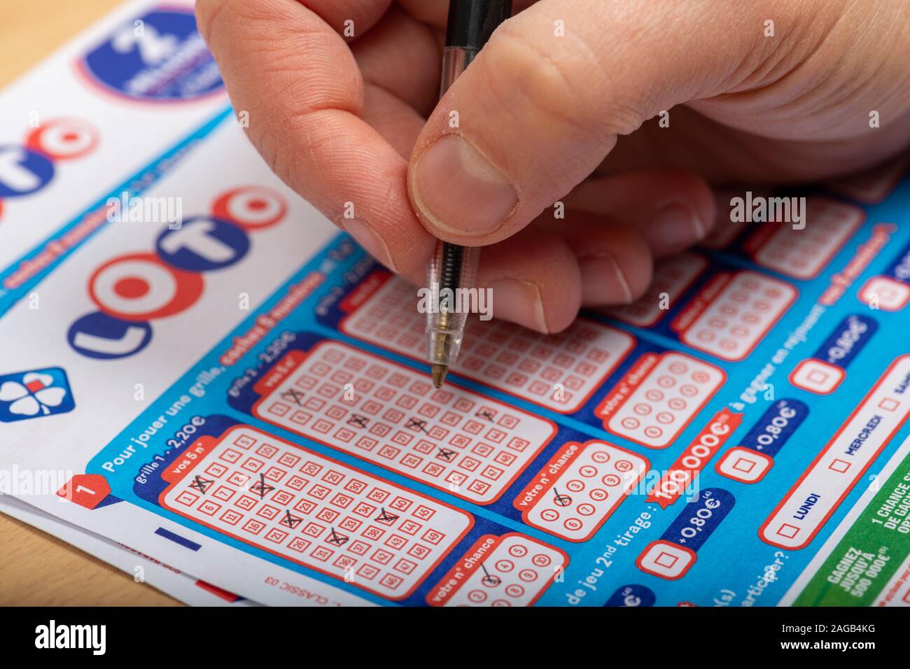 Paris, France - November 21, 2019 : Closeup of a person filling a lotto ...