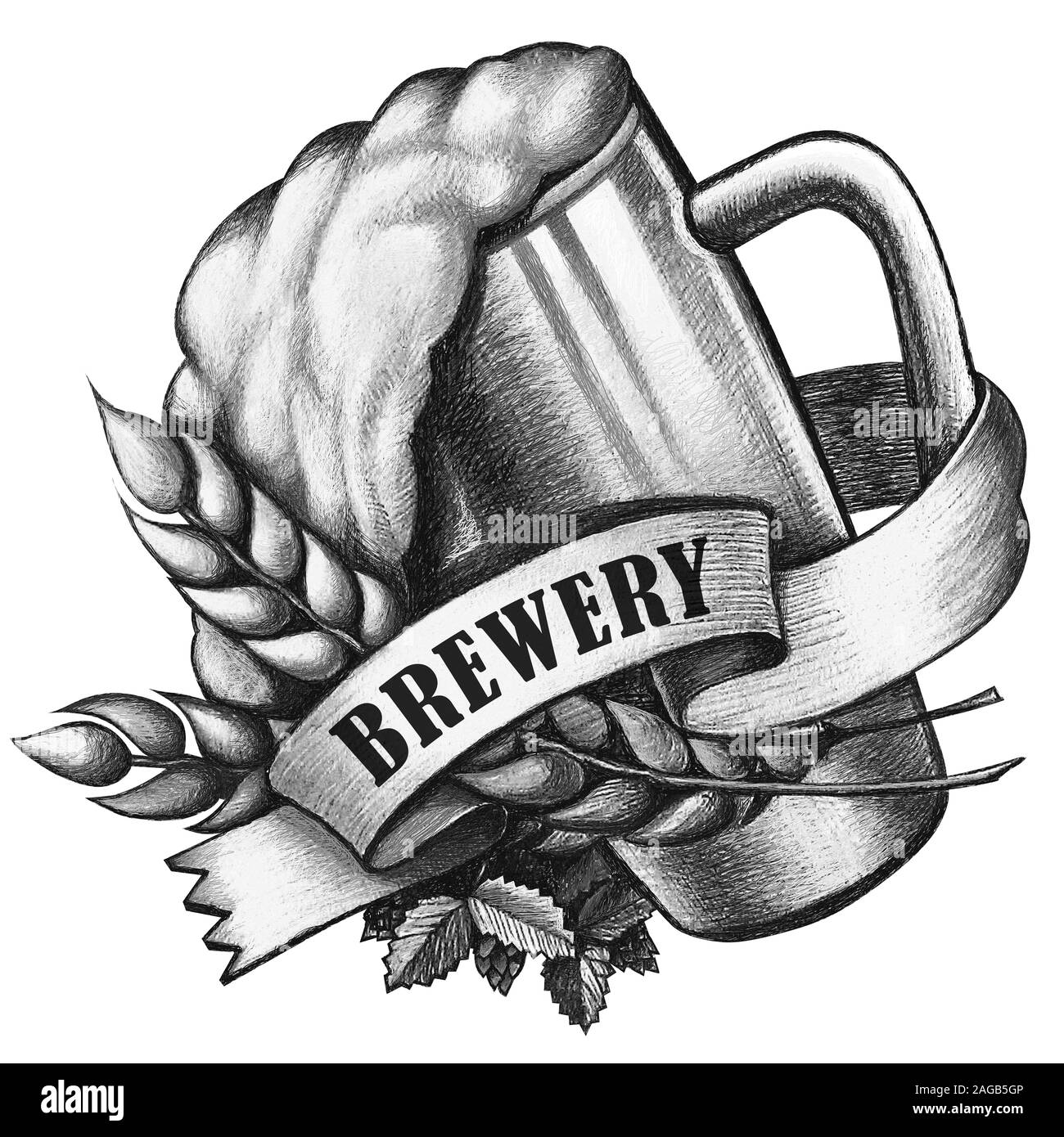 Brewery emblem design. Beer mug, ribbon with sign. Sketch style, black ...
