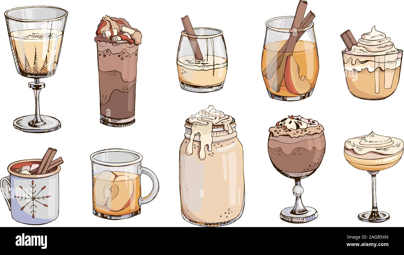 Set of popular hot winter drinks isolated on white. Colorful vector ...