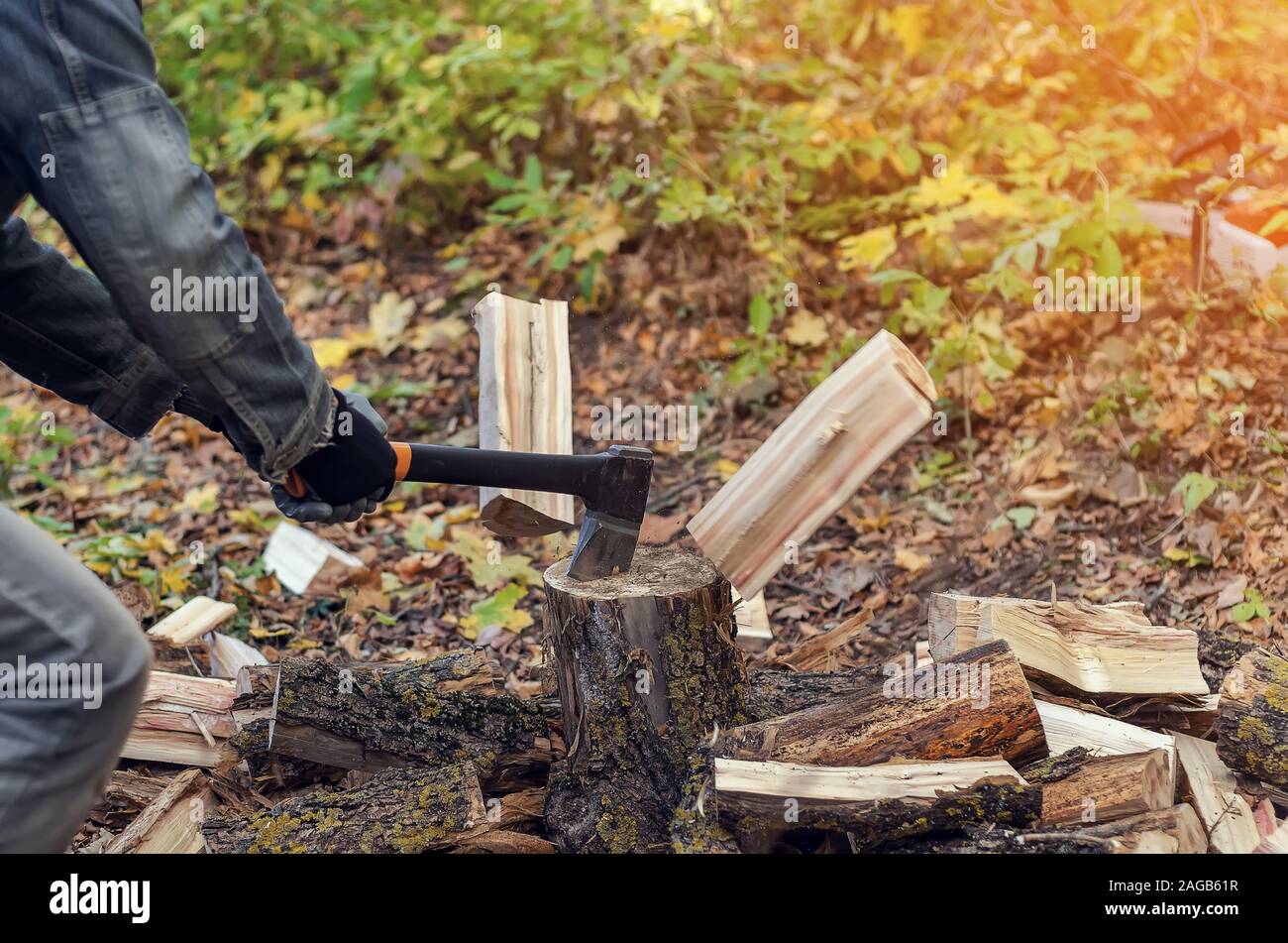 Man holds an industrial ax. The ax is in the hands. A strong man holds ...