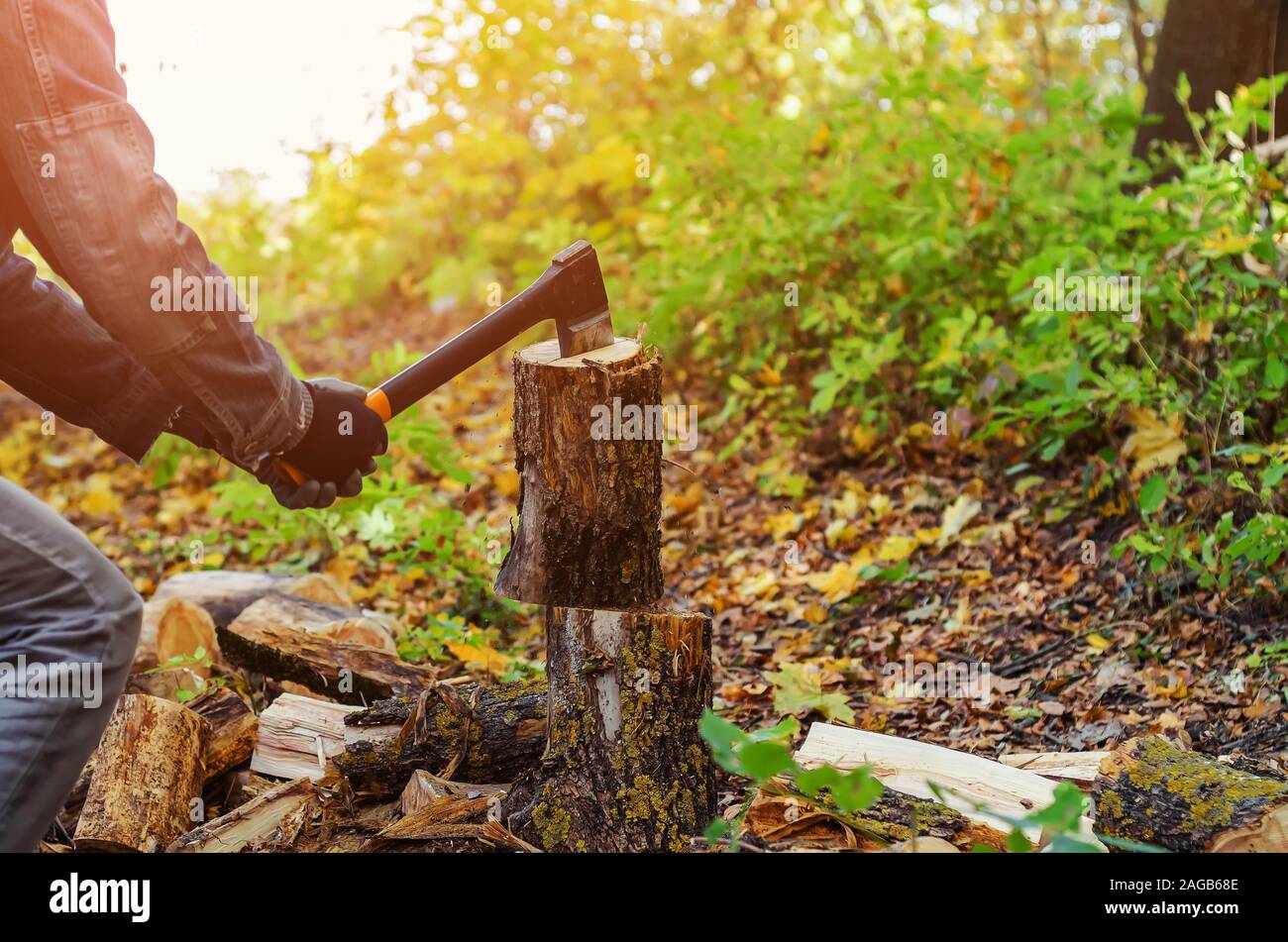 Man holds an industrial ax. The ax is in the hands. A strong man holds ...