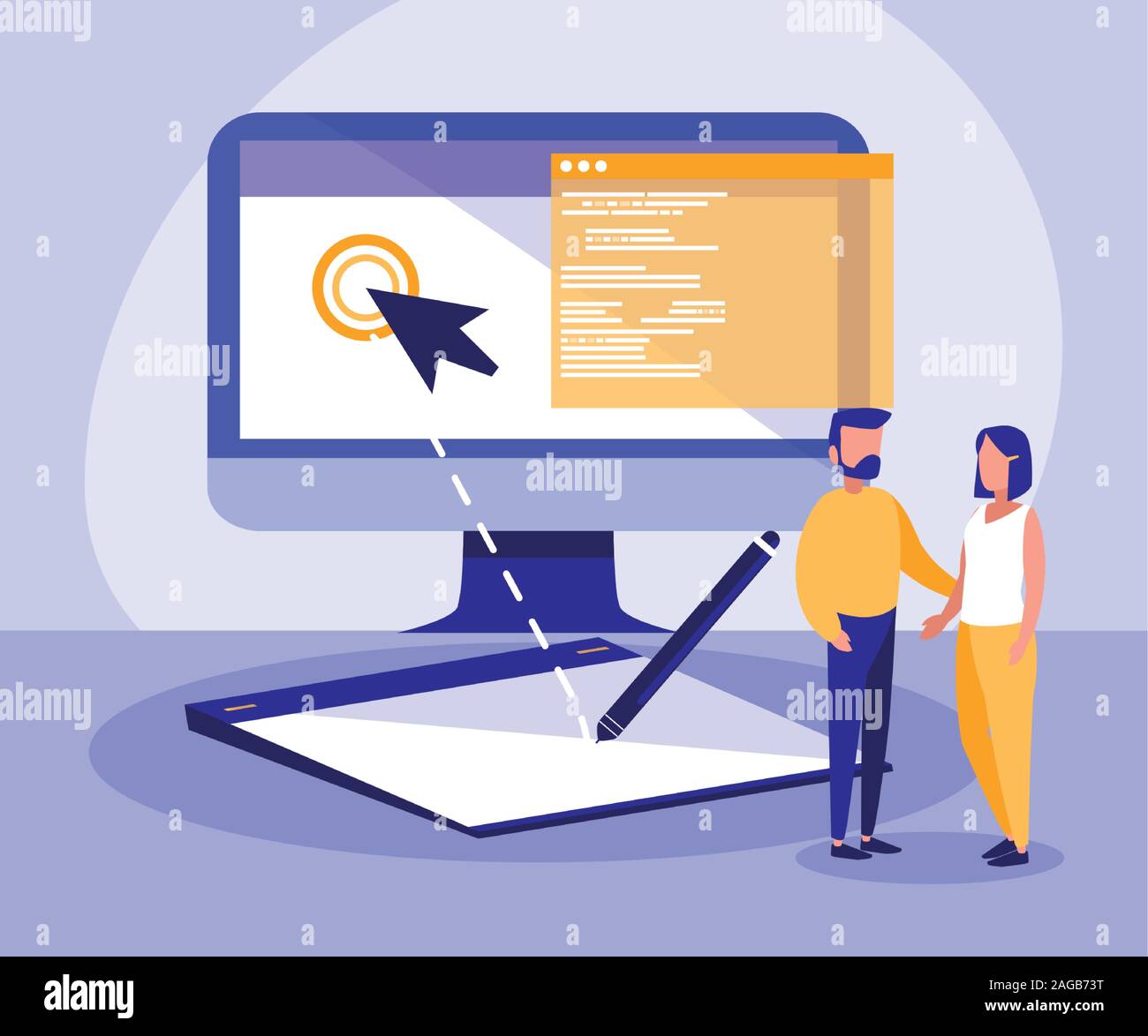 Businessman and businesswoman with computer design, Man woman business ...