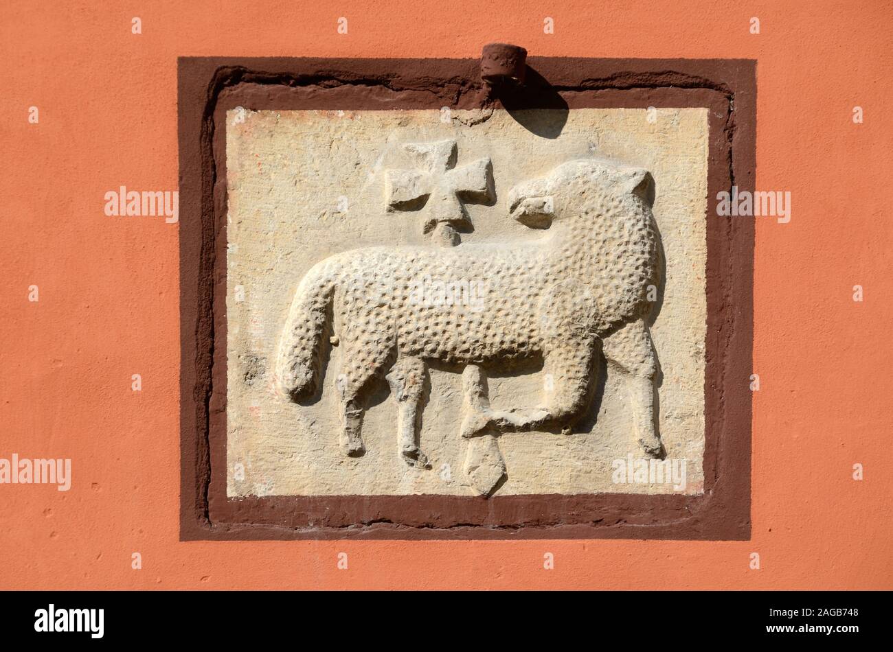 Bas-Relief of Sheep or Lamb as Christian Symbol & Cross, on House in ...