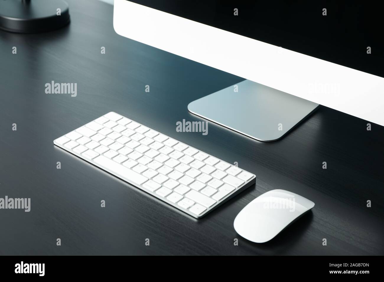 Workplace. Computer, keyboard and mouse on wooden table, close up Stock ...