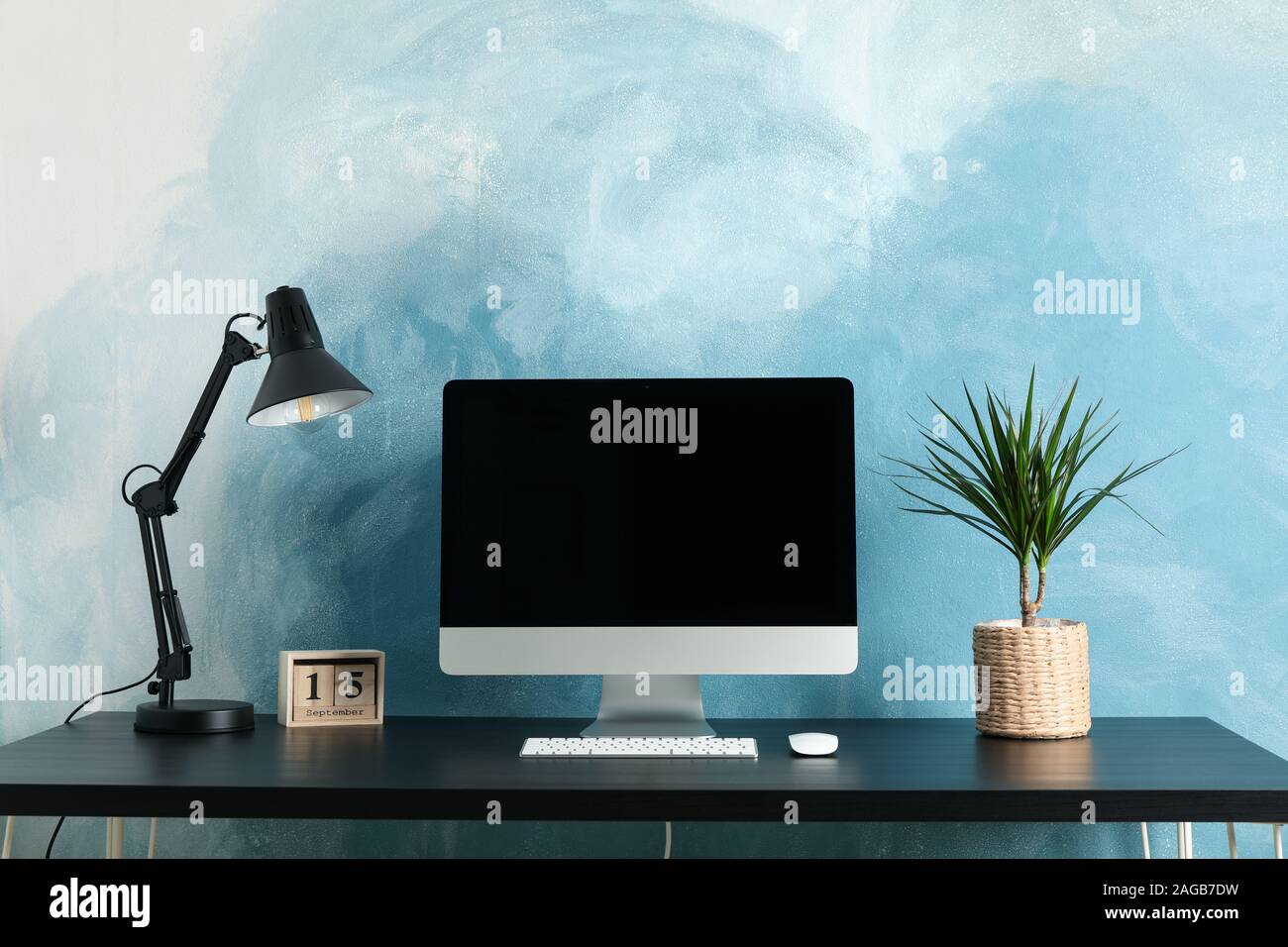 Workplace with computer and plant on wooden table. Blue and white ...