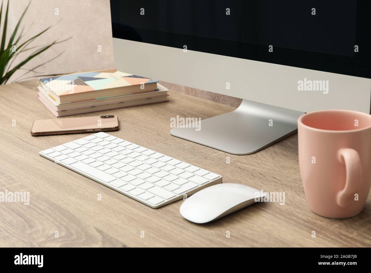 Workplace with computer and plant on wooden table. Light brown ...