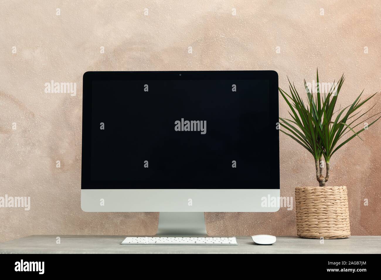Workplace with computer and plant on wooden table. Light brown ...