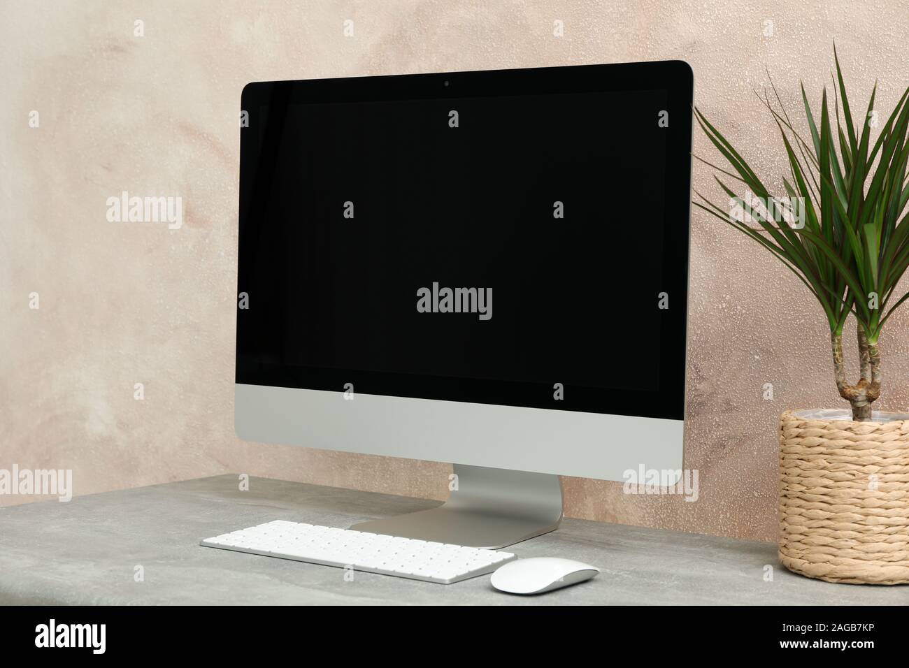 Workplace with computer and plant on wooden table. Light brown ...